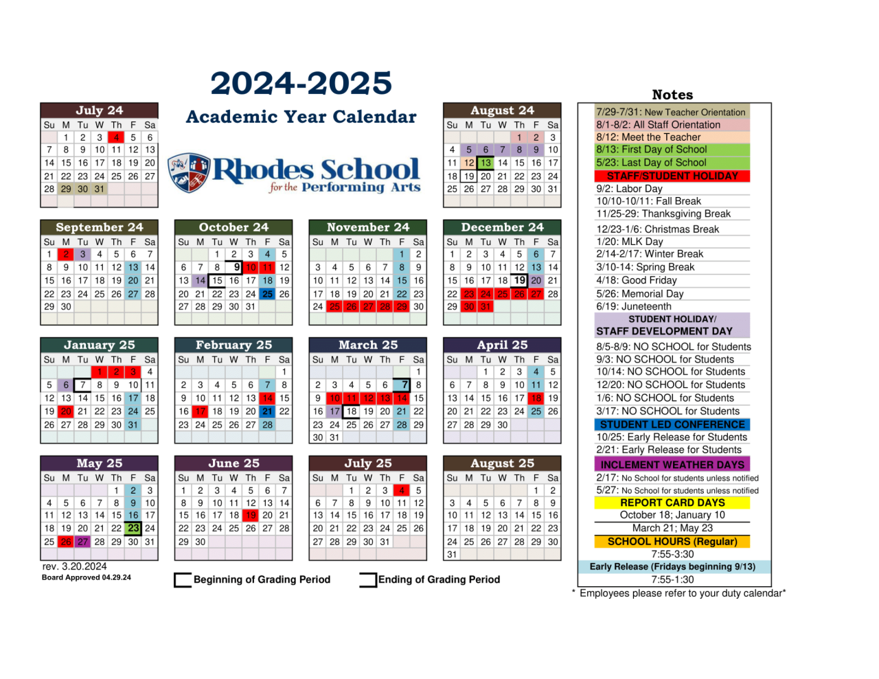 District Calendar | Rhodes School for the Performing Arts
